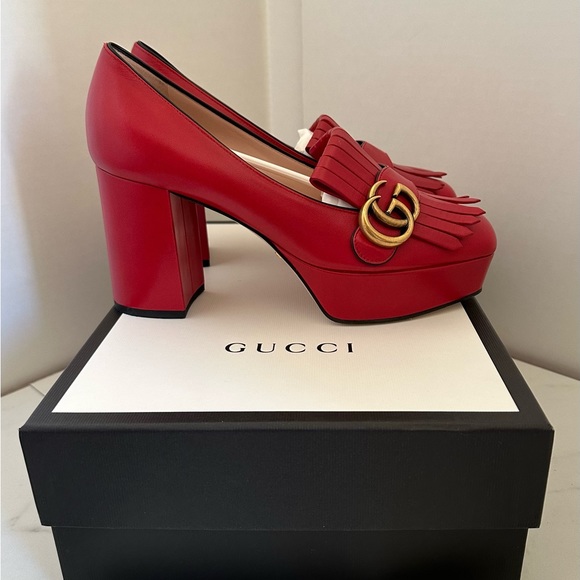 Gucci | Shoes | Authentic Gucci Leather Hibiscus Red Marmont Platform ...